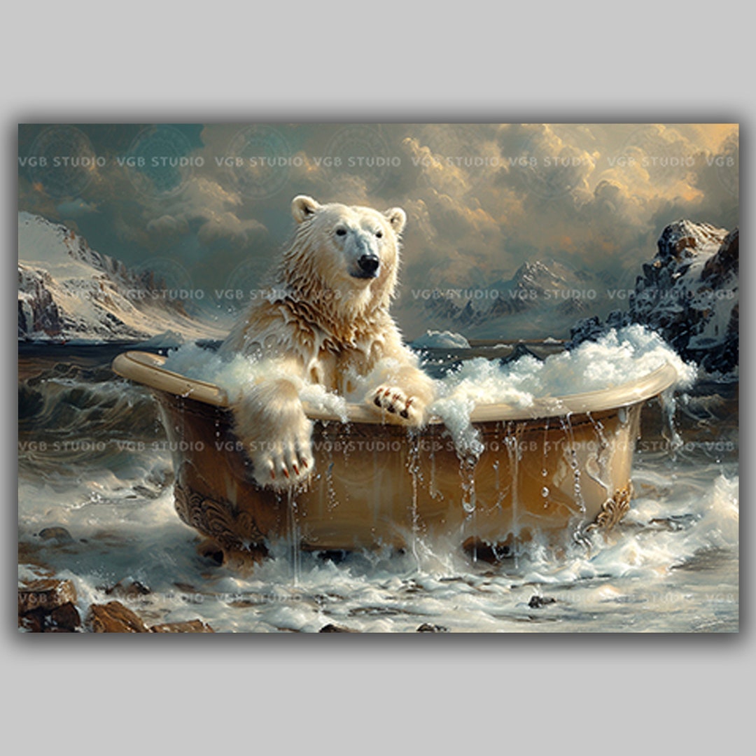 White Polar Bear Spa Bath Victorian Bathtub Print, Bathroom Artic ...
