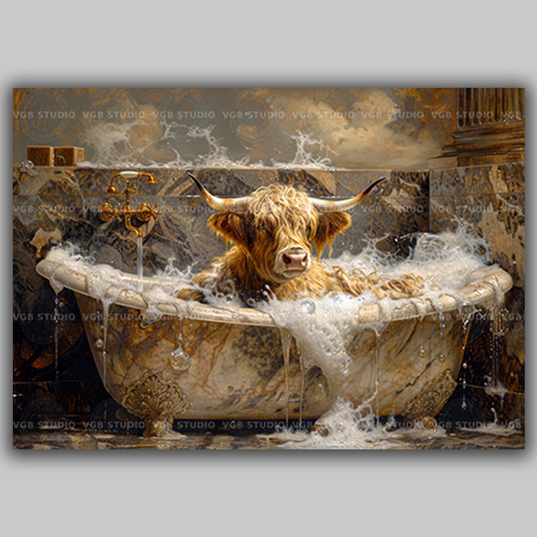 Highland Cow Wall Art Funny Animal Bath Print Farmhouse Decor Luxury ...