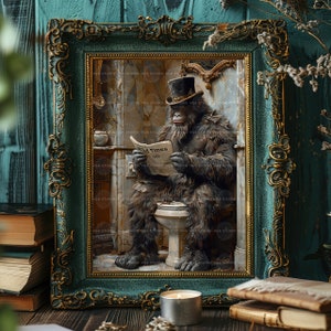 Bigfoot Reading Newspaper on Toilet Print, Sasquatch Top Hat Gentleman ...
