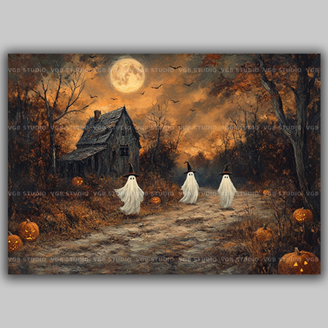 Spooky Halloween Witch Ghosts in Moonlit Forest Art Print, Enchanting ...