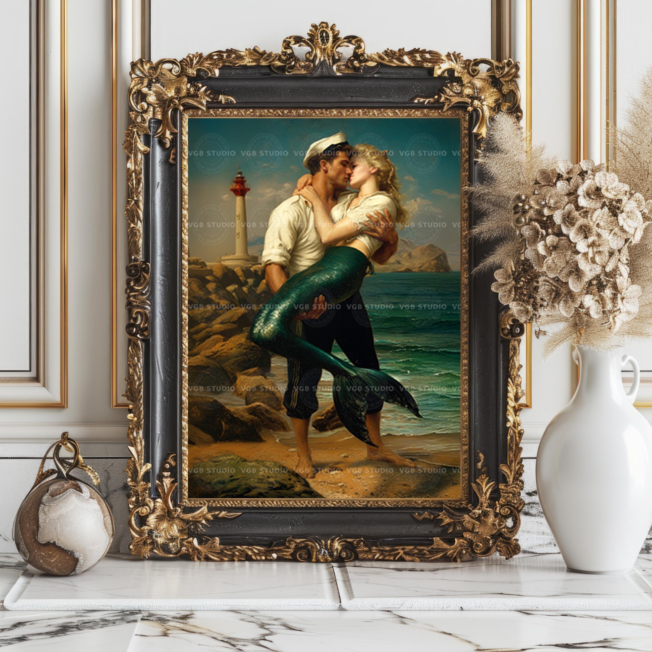 Romantic Mermaid and Sailor Art Print With Lighthouse Kiss Scene ...