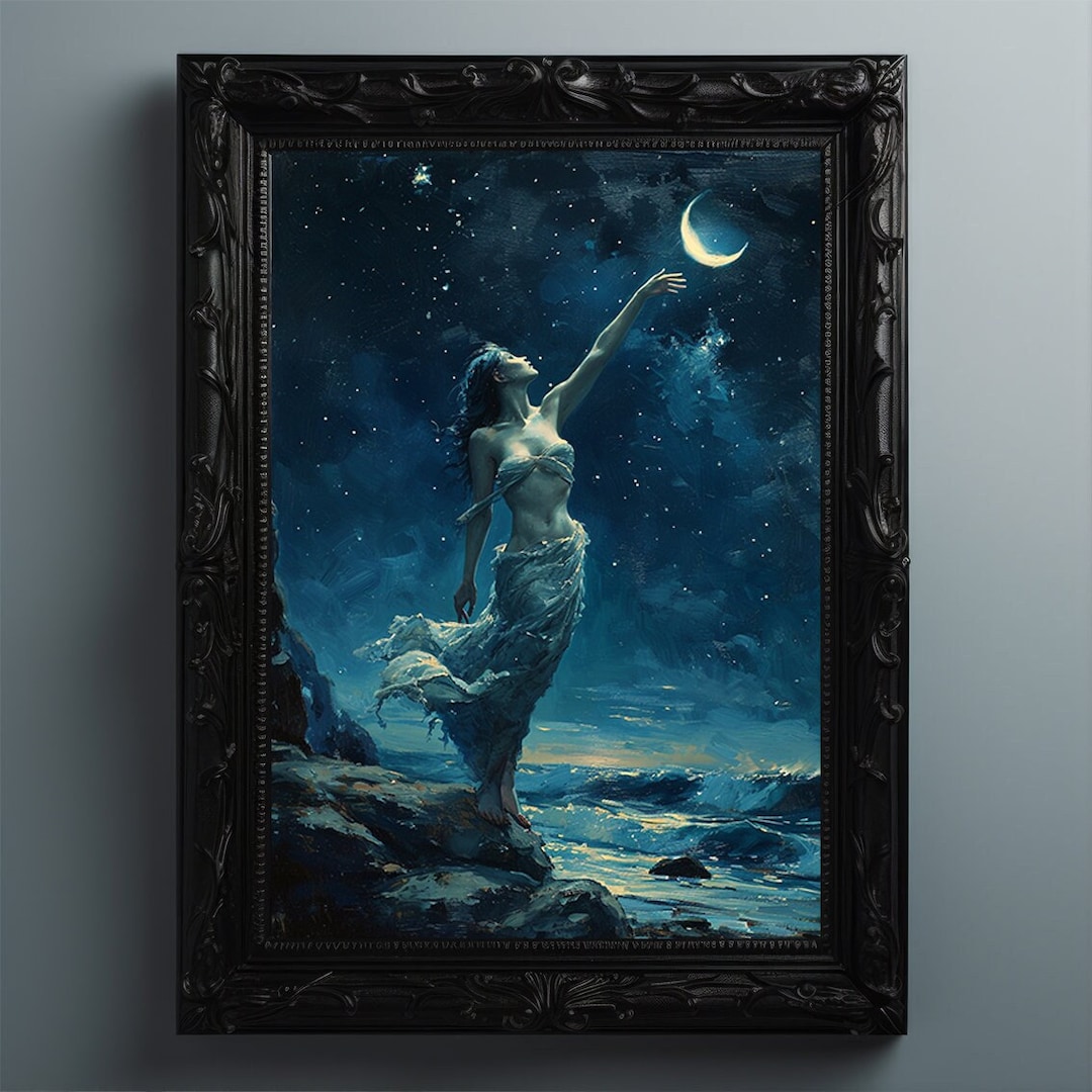 Gothic Woman Reaching Full Moon by the Sea Print, Celestial Fine Art ...