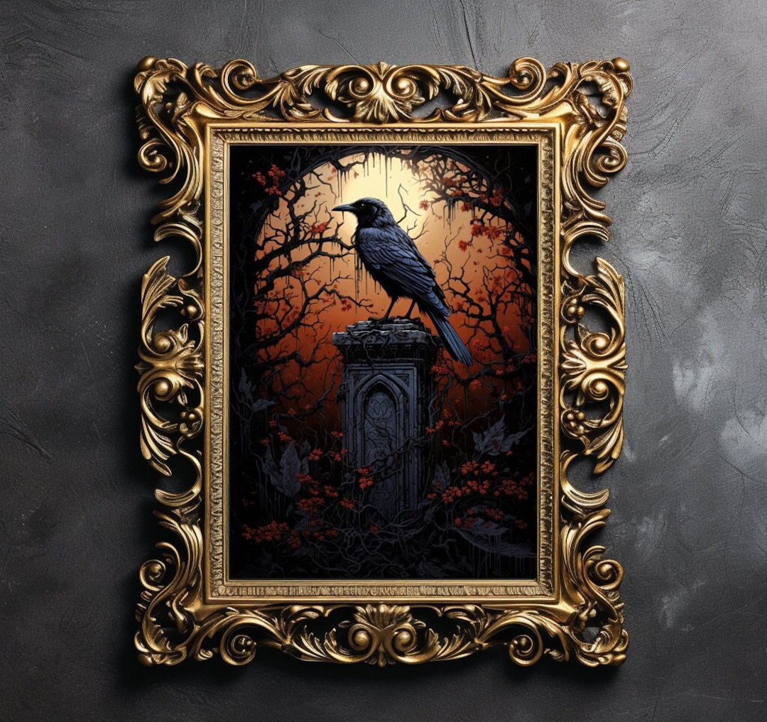Gothic Crow Sunset Crypt, Victorian Raven at Cemetary Poster, Dark ...