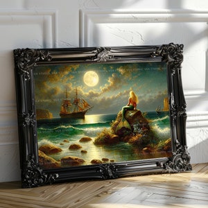 Beautiful Mermaid Contemplating Moon and Sea, Siren Whimsical Baroque ...