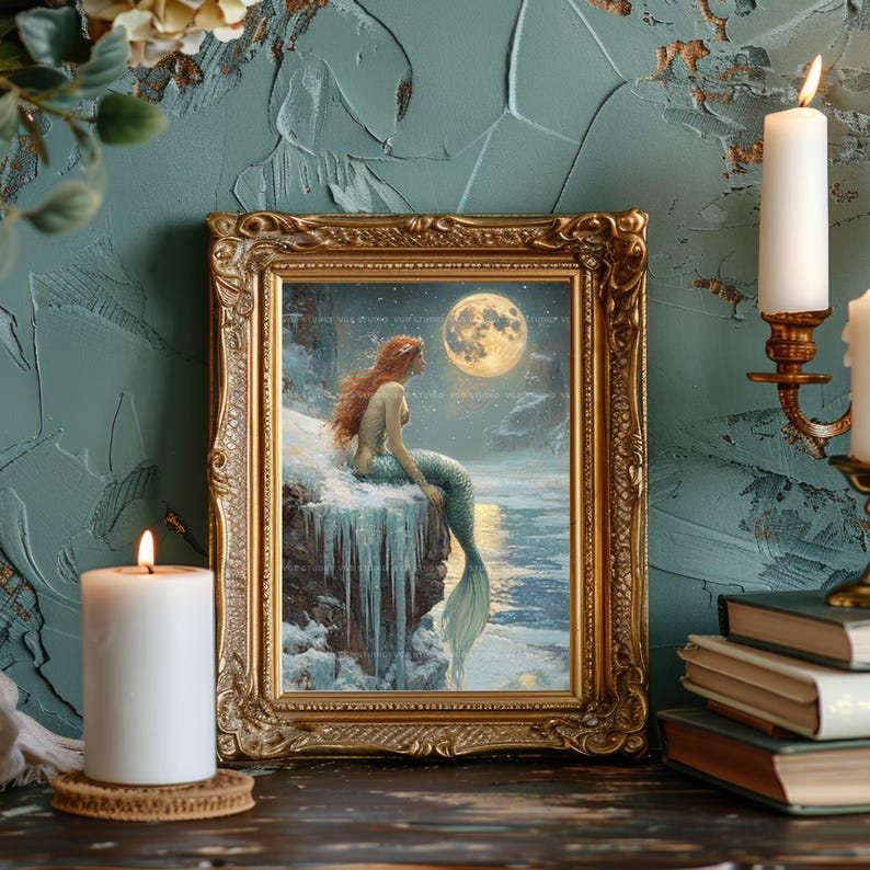 Winter Mermaid Art Print Icy Ocean Fantasy With Redhead Siren and Full ...