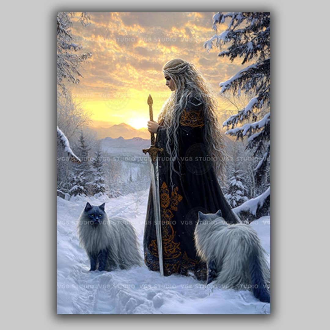 Freya Goddess Love War Goddess in Snow With Sword and Blue Cats, Freyja ...