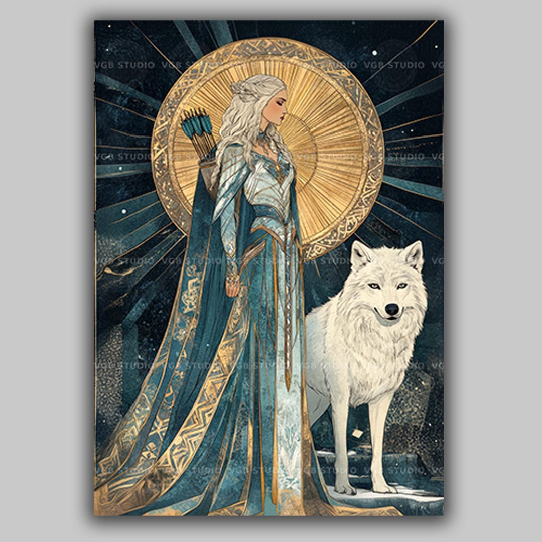 Skadi Goddess Art Print | Norse Huntress With White Wolf Art Nouveau ...