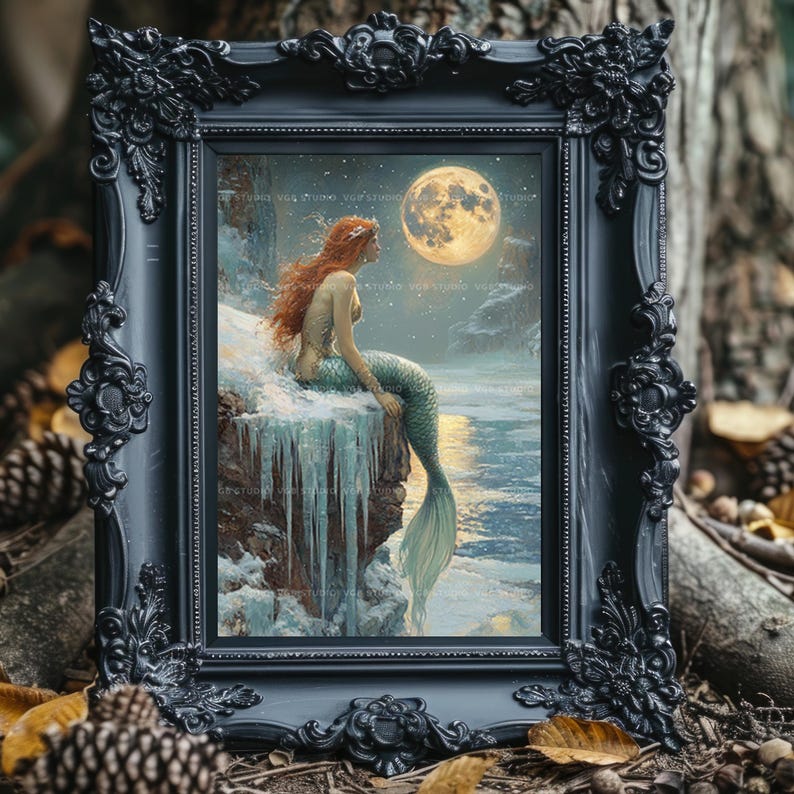 Winter Mermaid Art Print Icy Ocean Fantasy With Redhead Siren and Full ...