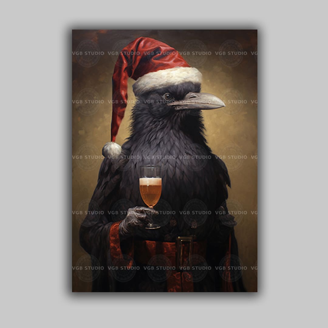 Festive Raven in Santa Hat Art Print, Quirky Holiday Crow Decor, Christmas Bird With Drink ...