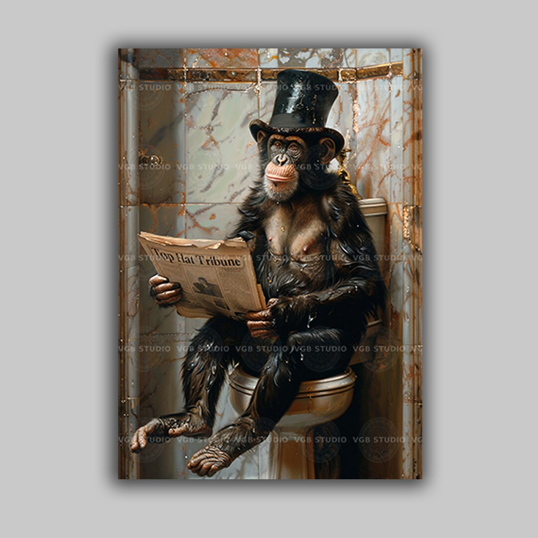Monkey Chimpanzee Victorian Gentleman Reading Newspaper on Toilet ...