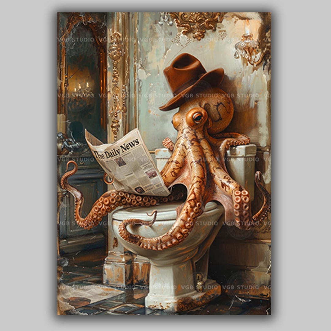 Octopus Gangster on Toilet Art Print Funny Bathroom Painting Tentacle ...