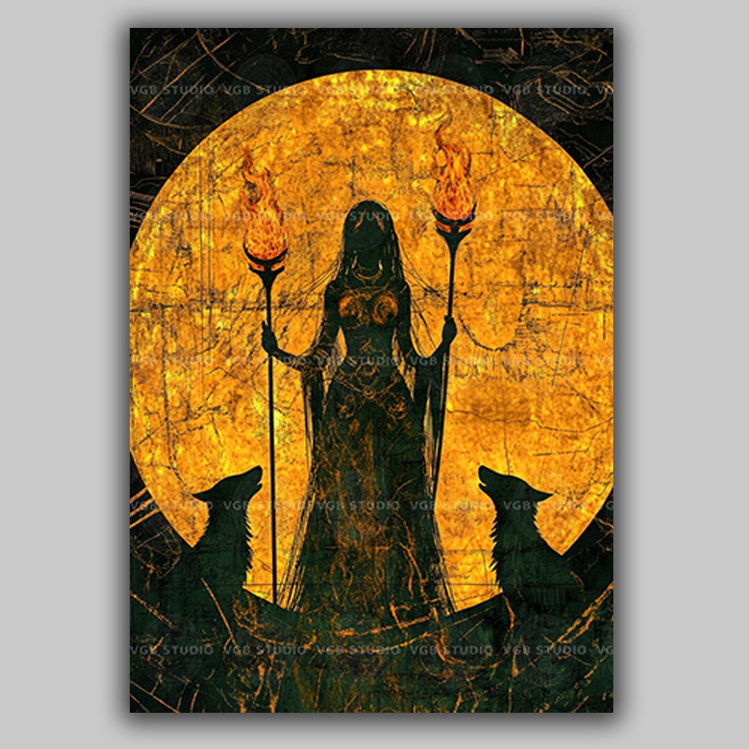 Hecate Torch Goddess Moon Art Print, Witch With Wolves Silhouette ...