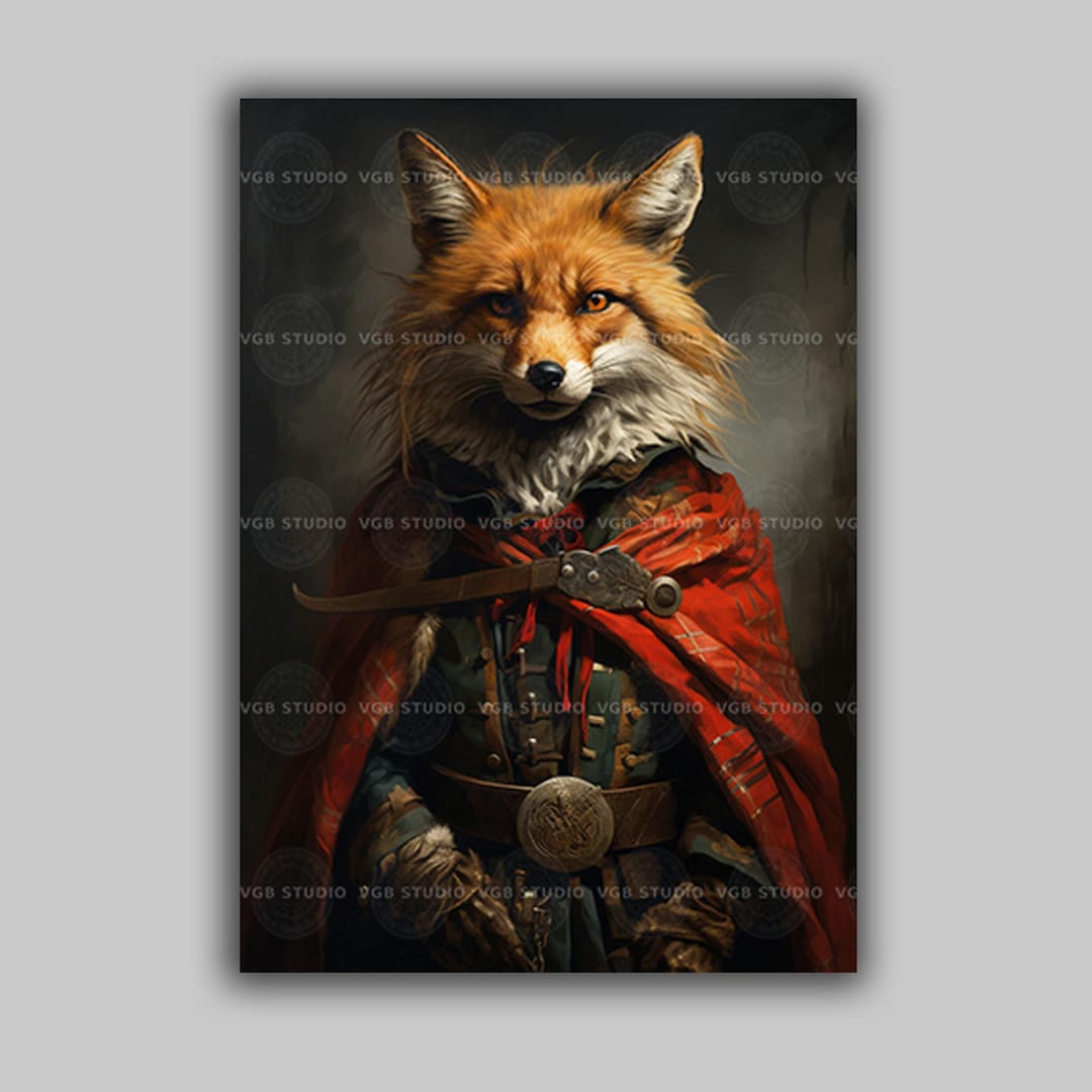 Regal Fox Art Print in Medieval Warrior Attire With Red Cloak and Sword ...
