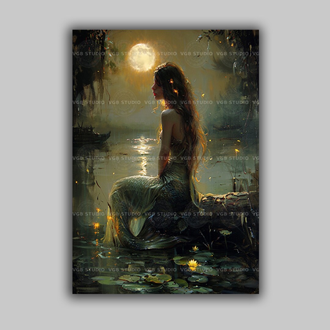 Mermaid Lagoon Dark Forest Moon Painting, Lonely Siren Wall Art, Water ...