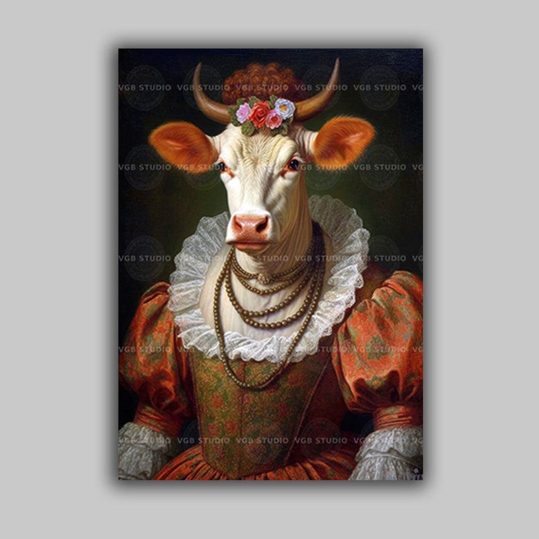 Renaissance Cow Art Print Whimsical Farm Animal Portrait Funny Noble ...