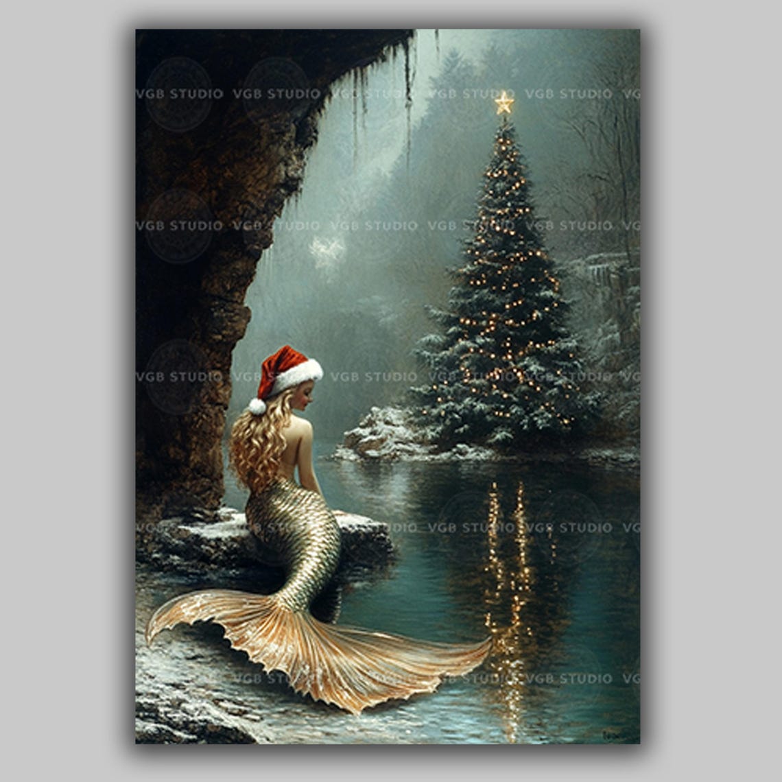 Christmas Mermaid Art Print Fantasy Holiday Wall Decor Whimsical Winter ...