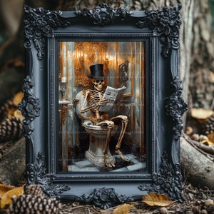 Gothic Skeleton Reading Newspaper on Toilet Print, Top Hat Skull ...