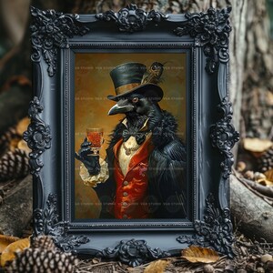 Crow Top Hat Raven Victorian Gentleman Having a Drink, Fancy Black Bird ...
