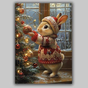 Holiday Rabbit Decorating Christmas Tree Art Print,festive Decor Cute ...