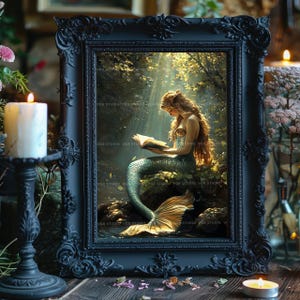 Reading Mermaid in Forest Pond Art Print, Whimsical Fantasy Decor ...