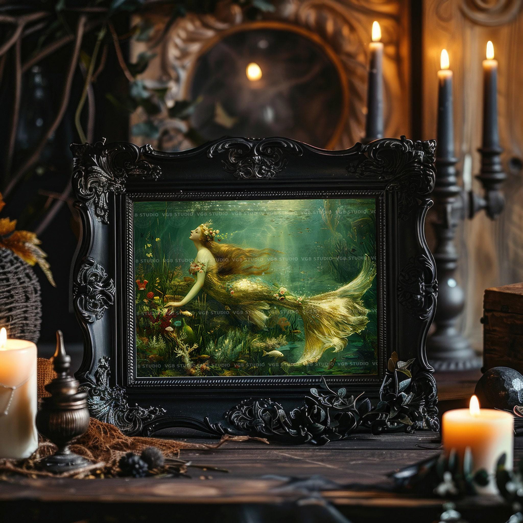 Golden Mermaid Swimming Under the Sea Coral Reef, Siren Whimsical ...