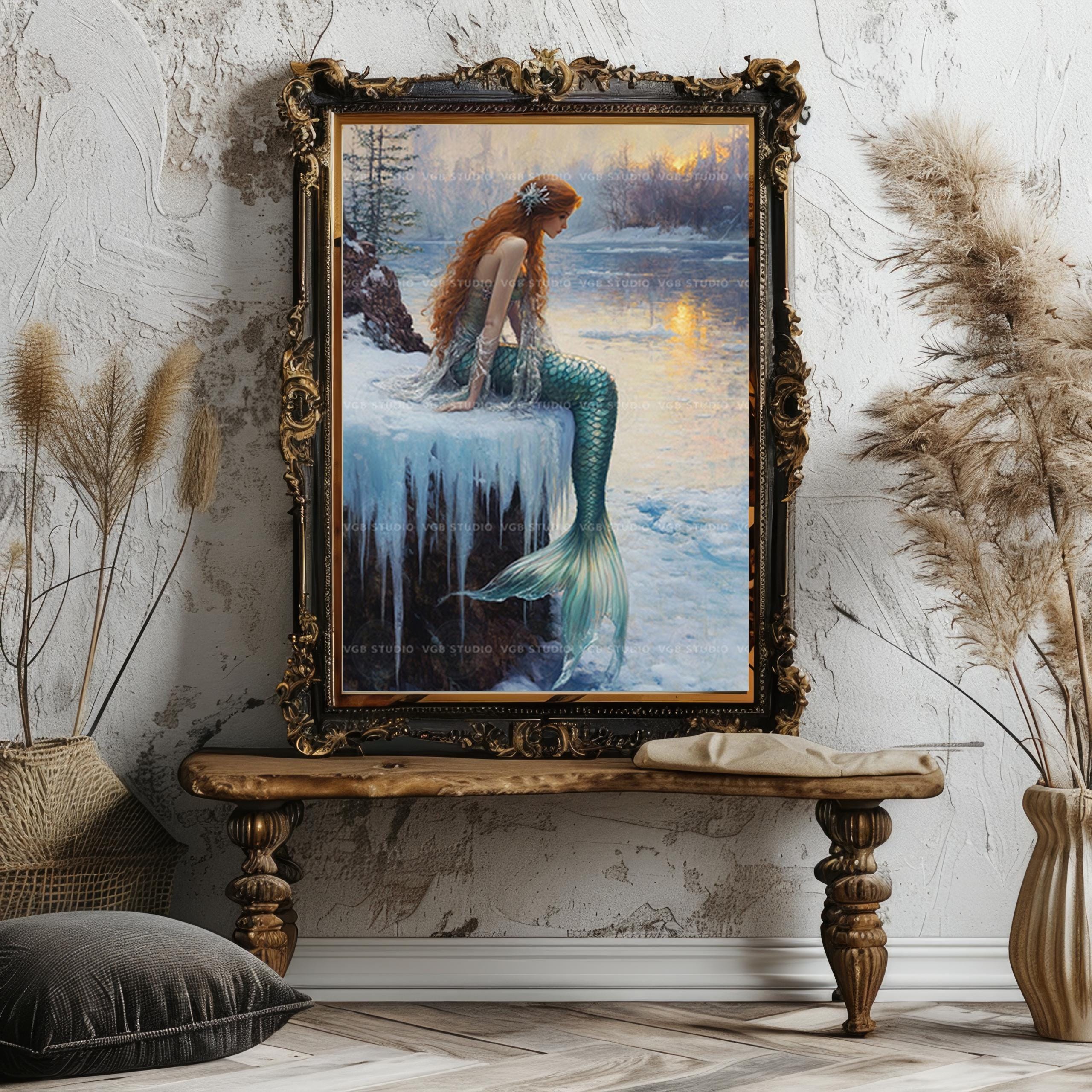 Winter Mermaid Art Print Snow Selkie Fantasy Wall Decor Ice Lake ...