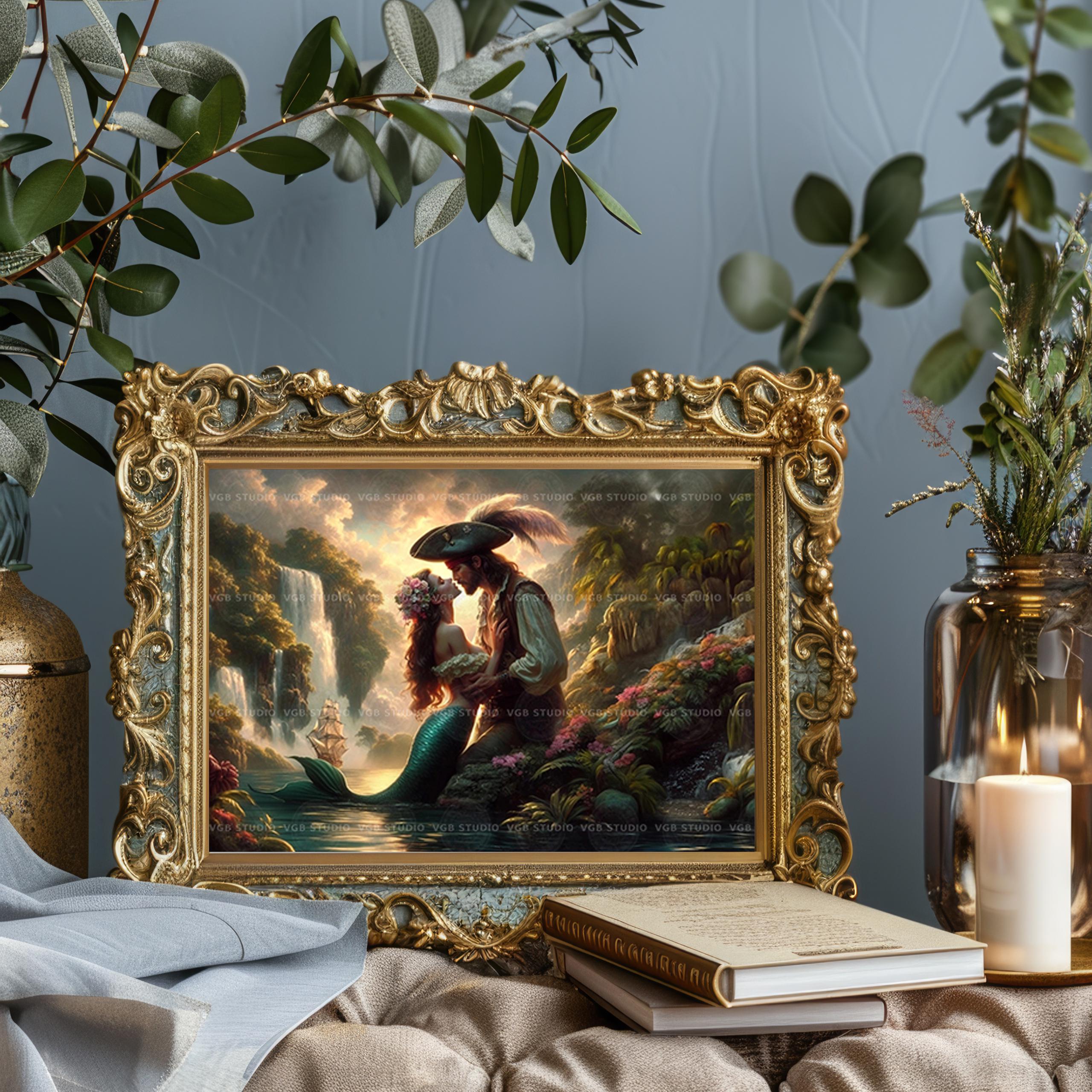 Mermaid and Pirate Fantasy Art Print Romantic Ocean Siren With Sailor ...
