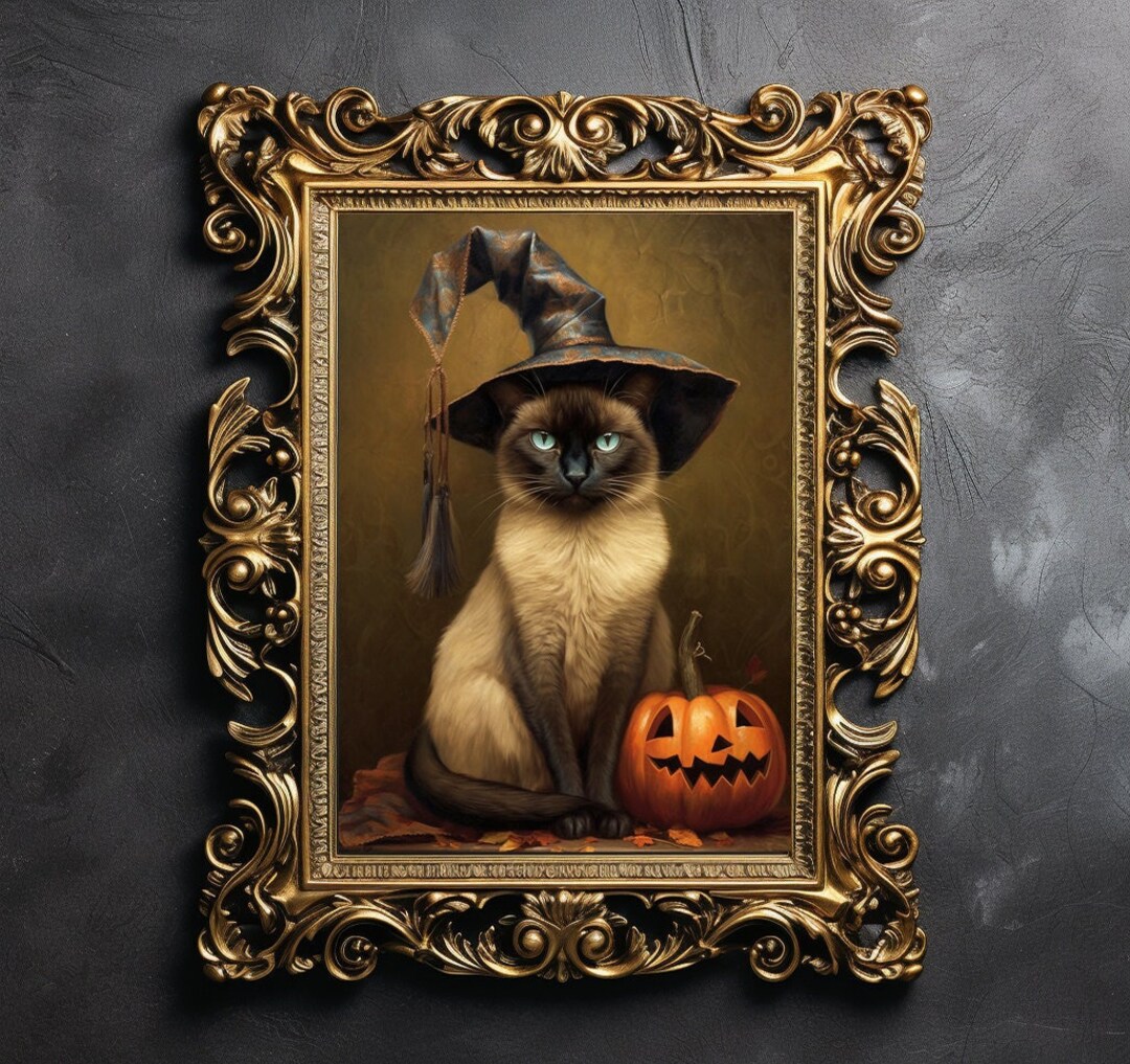 Cute Siamese Cat Witch Vintage Painting, Gothic Poster Art Print, Dark ...