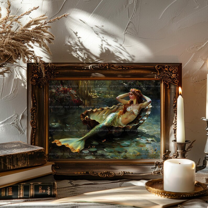 Mermaid in Shell Art Print | Green Gold Tail Flower Crown Classical ...