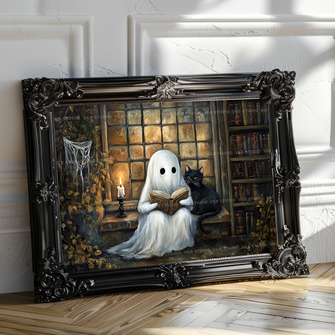 Ghost Reading Book Art Print Black Cat Halloween Library Decor Cozy ...