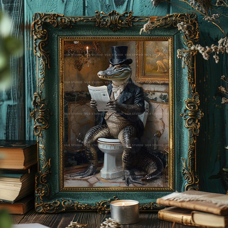 Alligator Reading Toilet Victorian Gentleman, Crocodile Baroque Poster ...