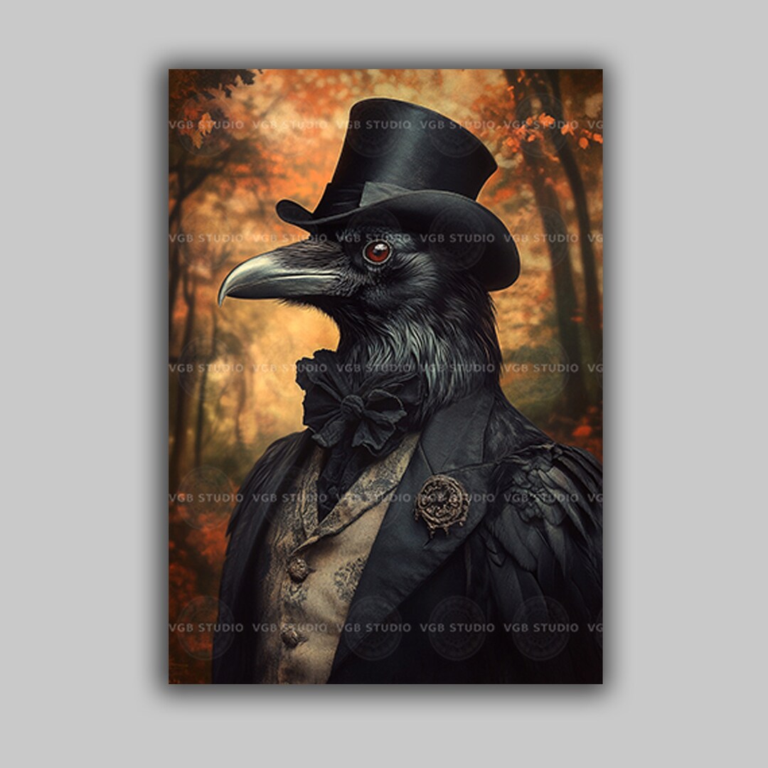 Raven Top Hat Victorian Crow Baroque Print, Rococo Renaissance Fancy ...