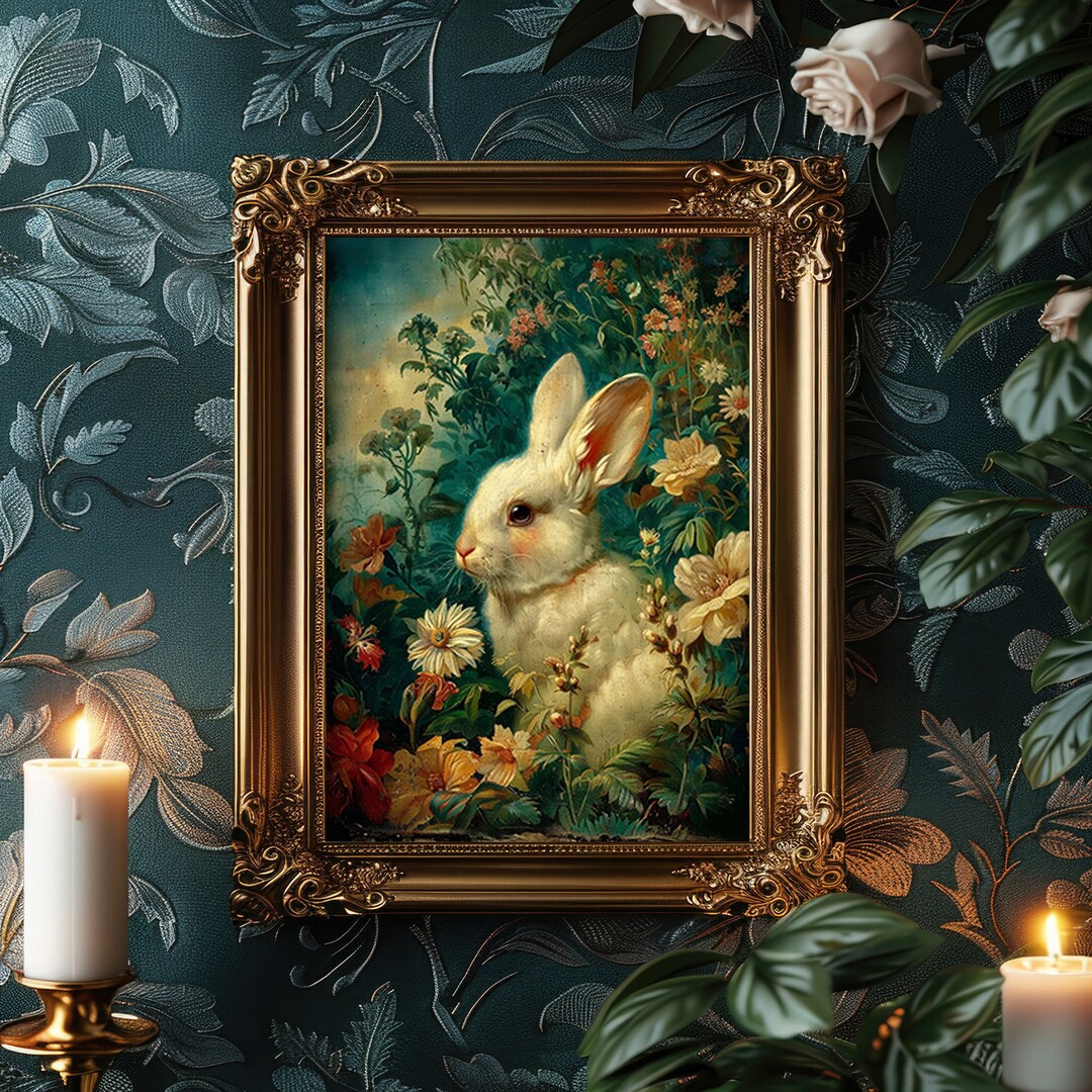 White Rabbit Flower Spring Garden Fine Art Giclee, Vintage Painting ...