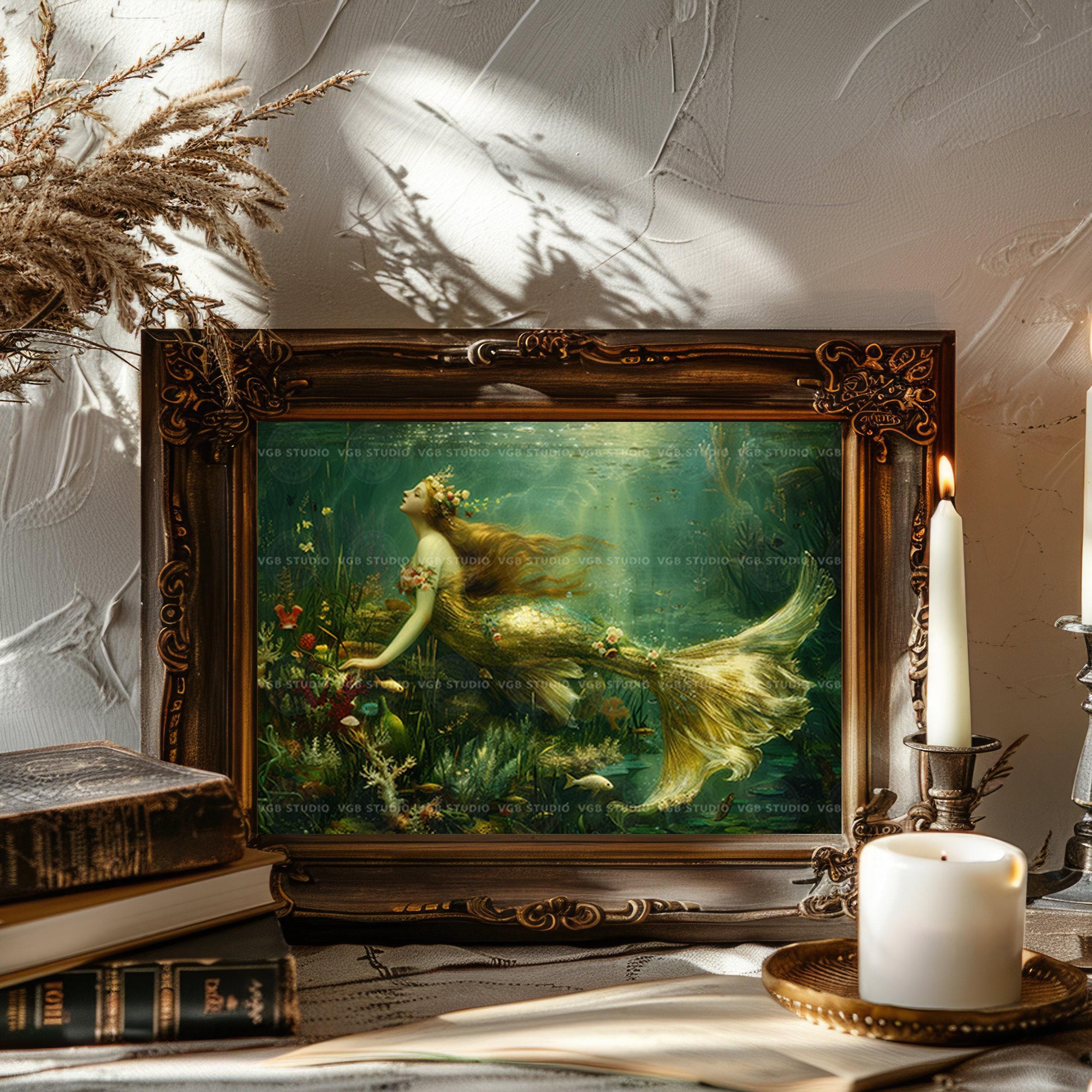 Golden Mermaid Swimming Under the Sea Coral Reef, Siren Whimsical ...