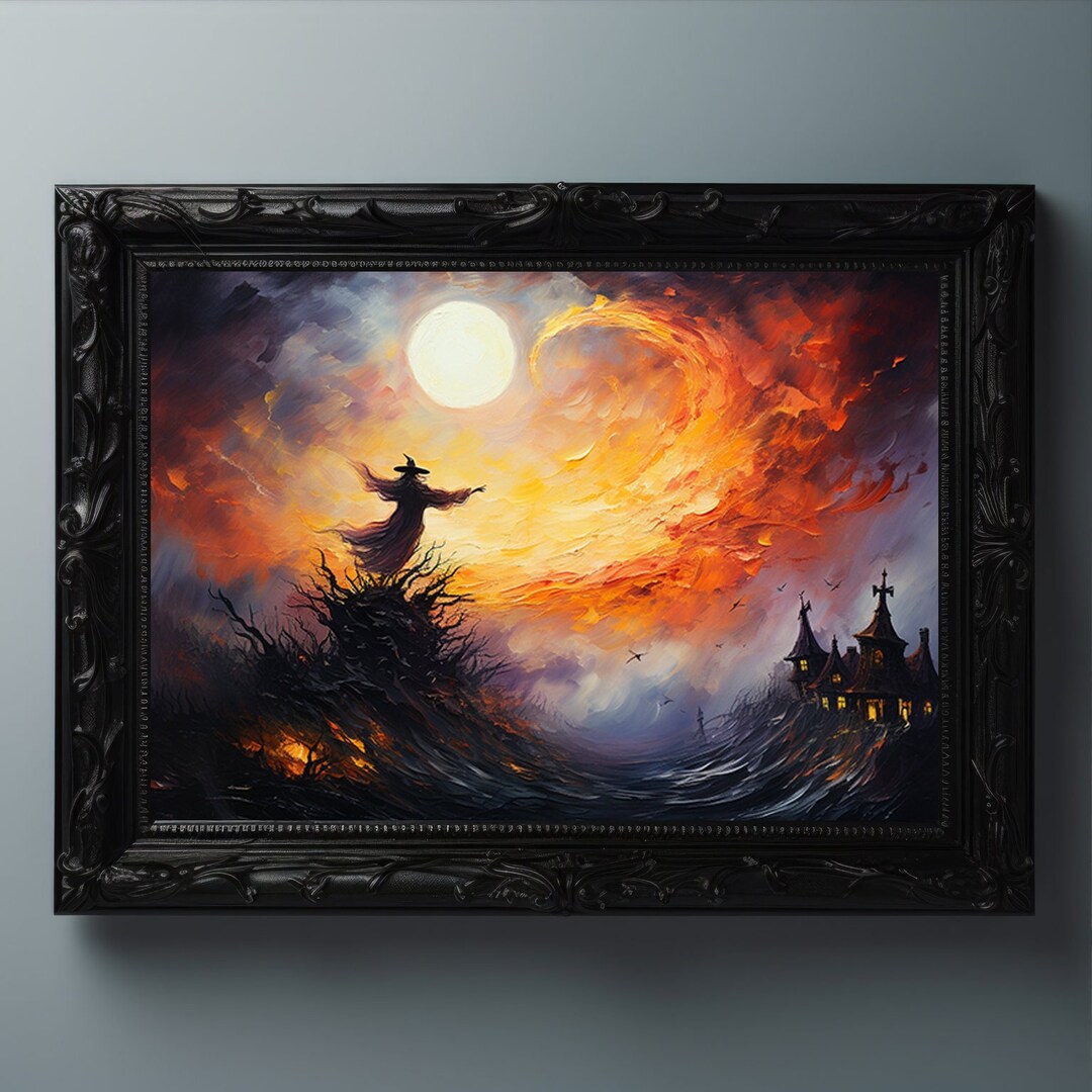 Witch Fiery Full Moon Print Painting, Dark Fantasy Witchy Vintage ...