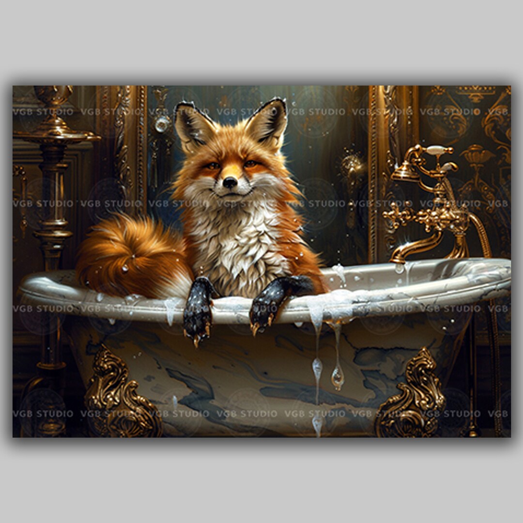 Red Fox Bath Victorian Bathtub, Bathroom Whimsical Humorous Fine Art ...