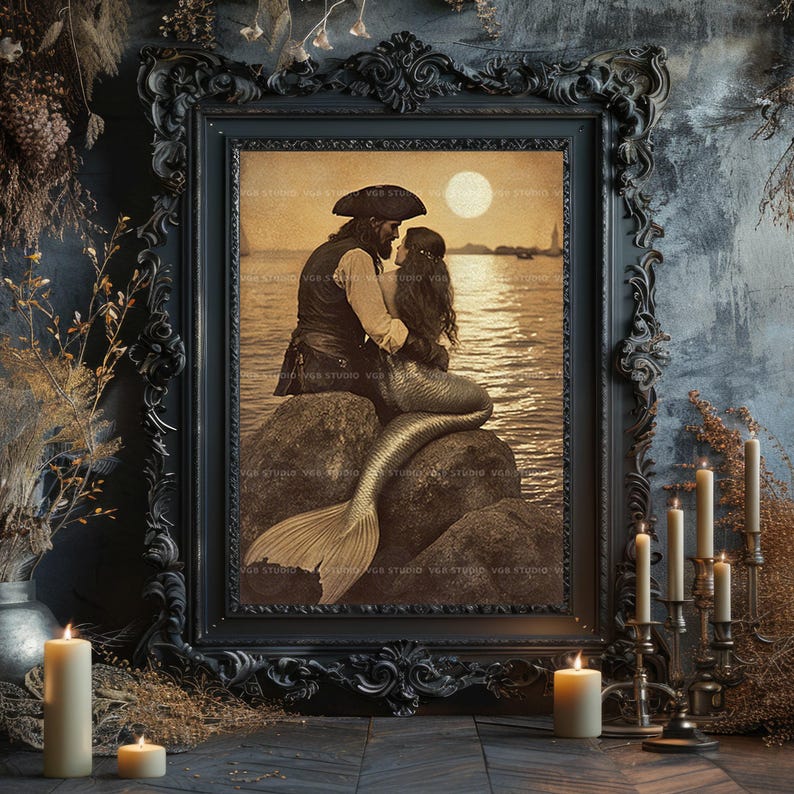 Pirate and Mermaid Art Print Romantic Nautical Fantasy Wall Decor Ocean ...