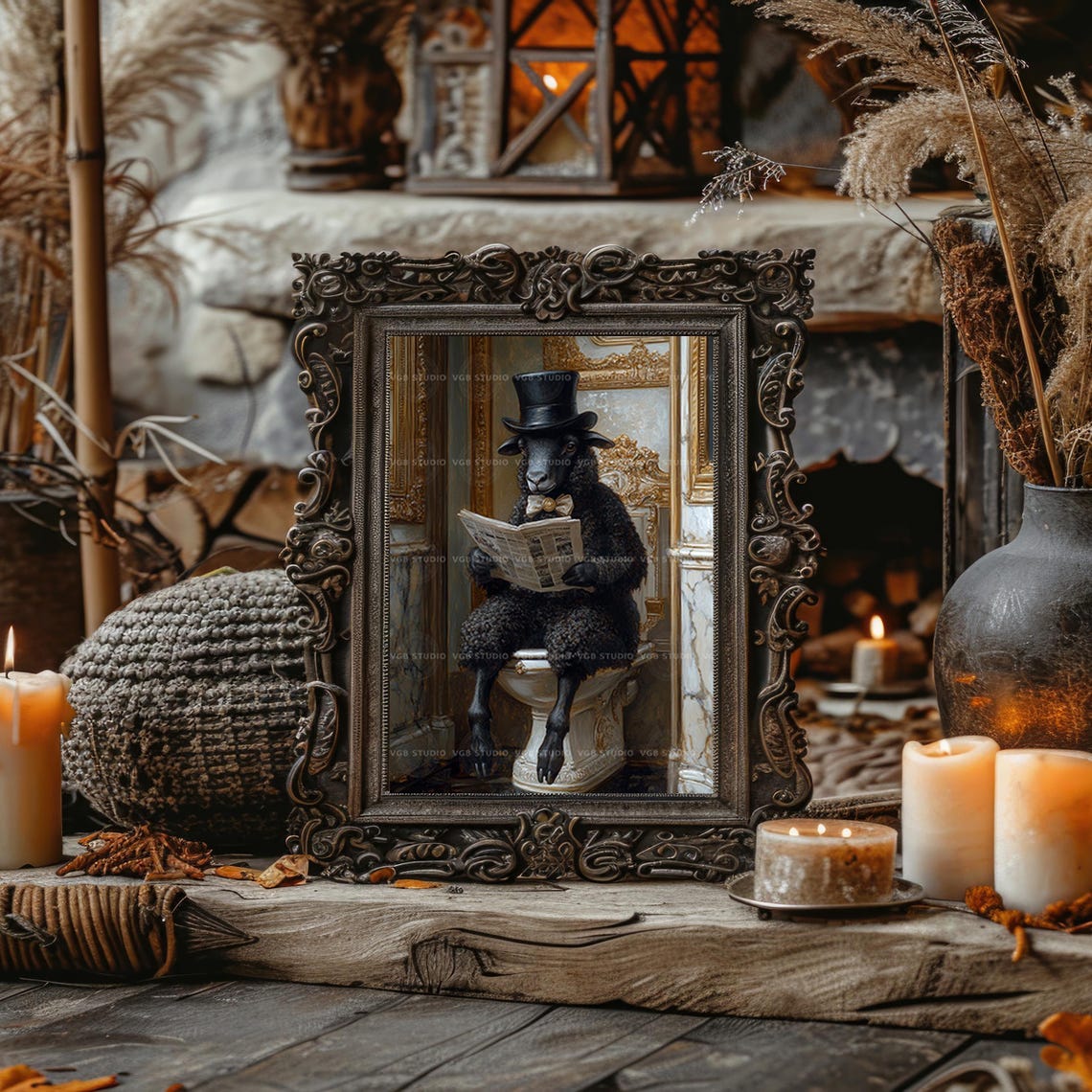 Black Sheep Gentleman Reading Newspaper on Toilet Whimsical Fine Art ...