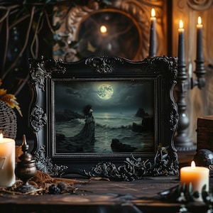 Beautiful Gothic Woman Full Moon Beach , Lunar Art Print, Vintage ...