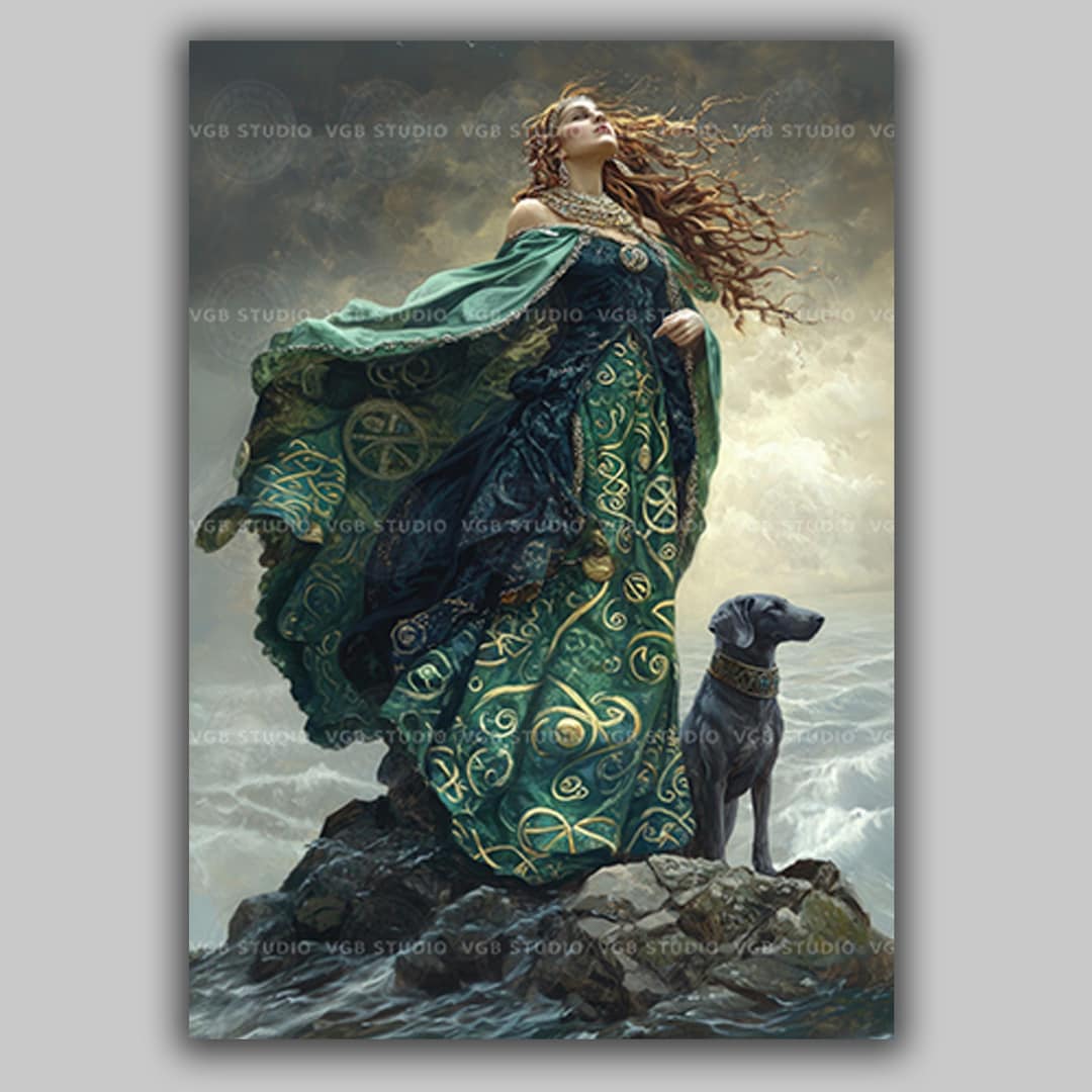 Nehalennia Goddess Art Print Celtic Sea Deity With Dog Dark Green Cloak ...