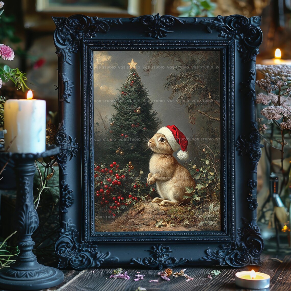 Christmas Bunny Art Print | Cute Rabbit in Santa Hat Holiday Animal ...