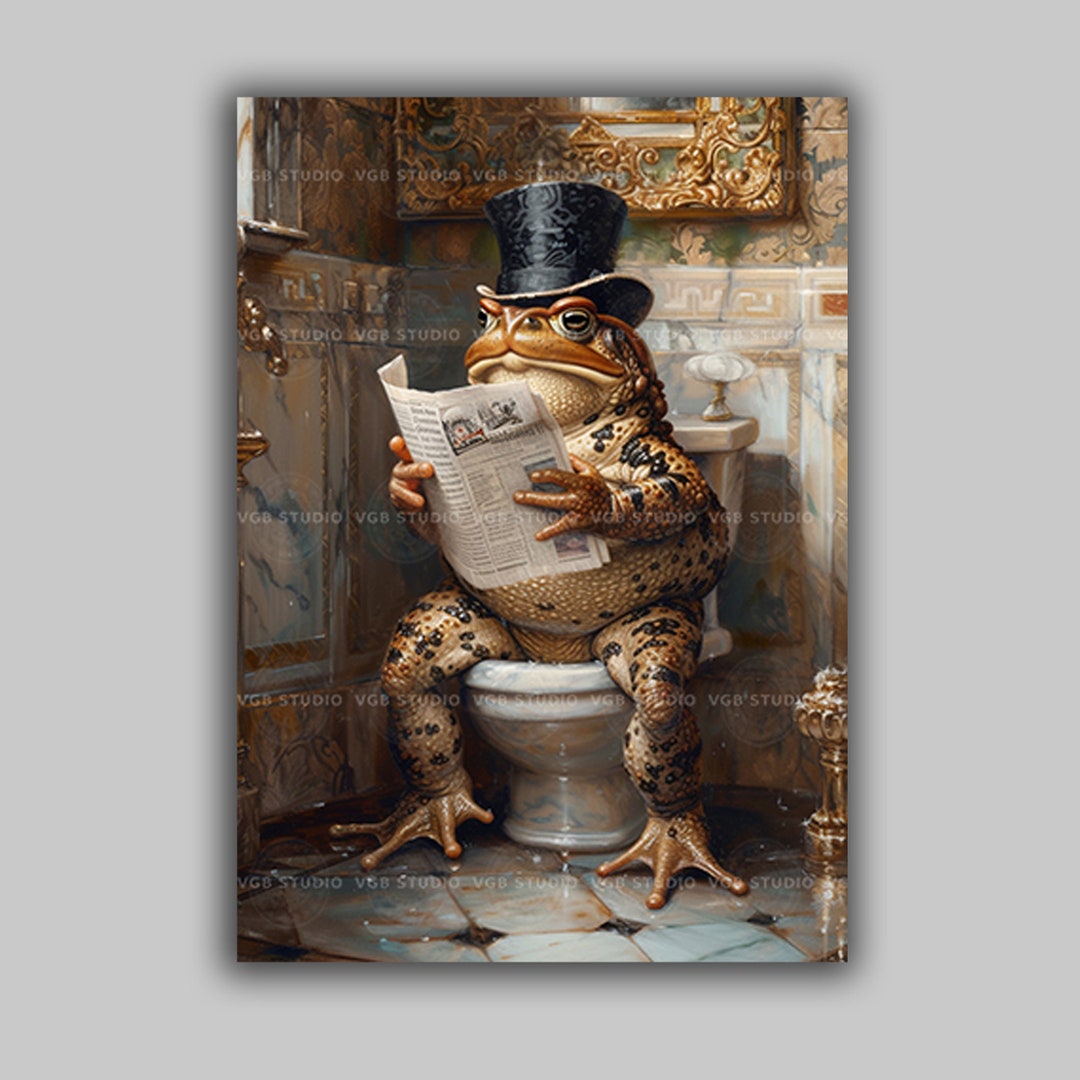 Frog Toad Gentleman Reading Newspaper on Royal Toilet Whimsical Fine ...