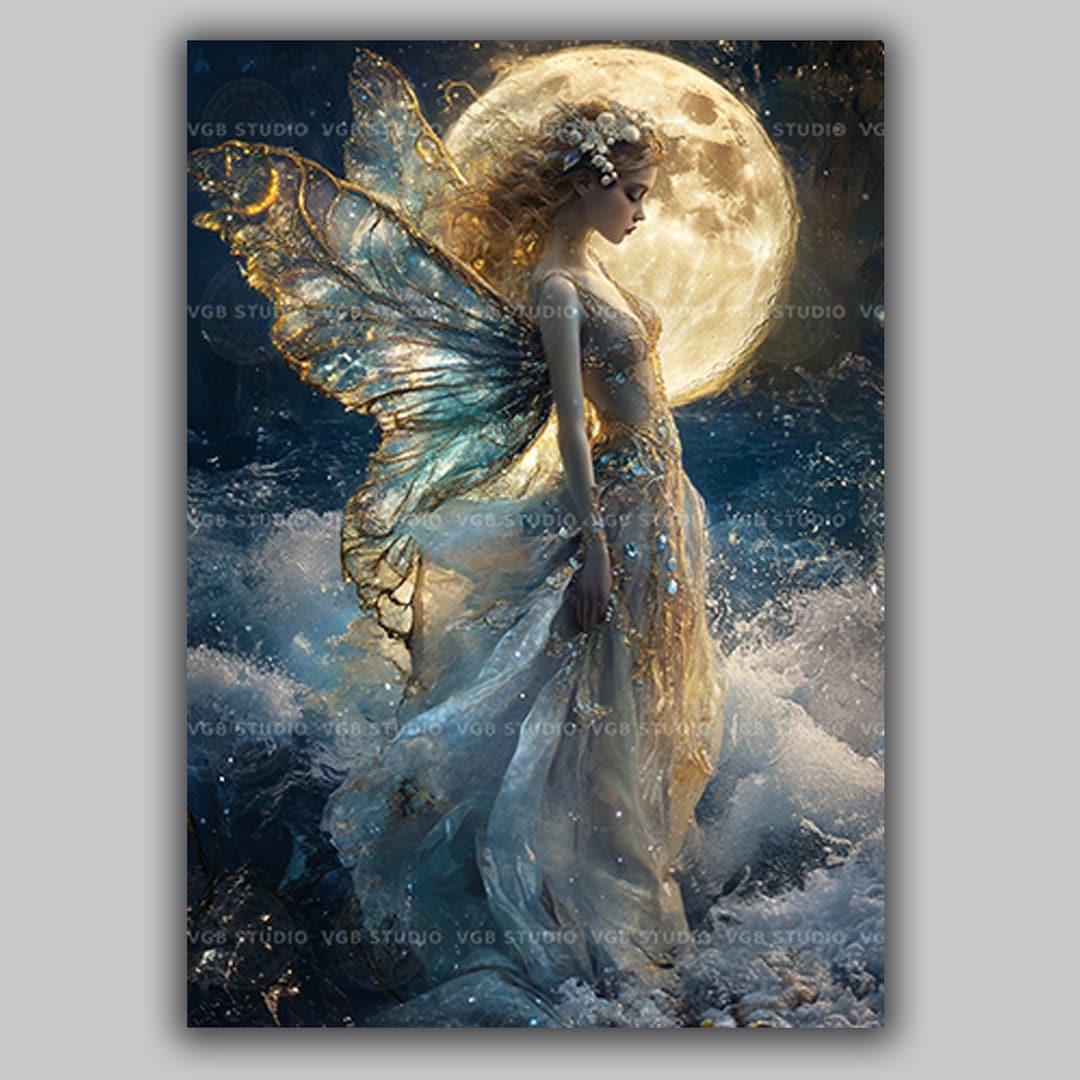 Moonlight Fairy Art Print Ocean Fantasy Wall Decor Celestial Sea Sprite ...