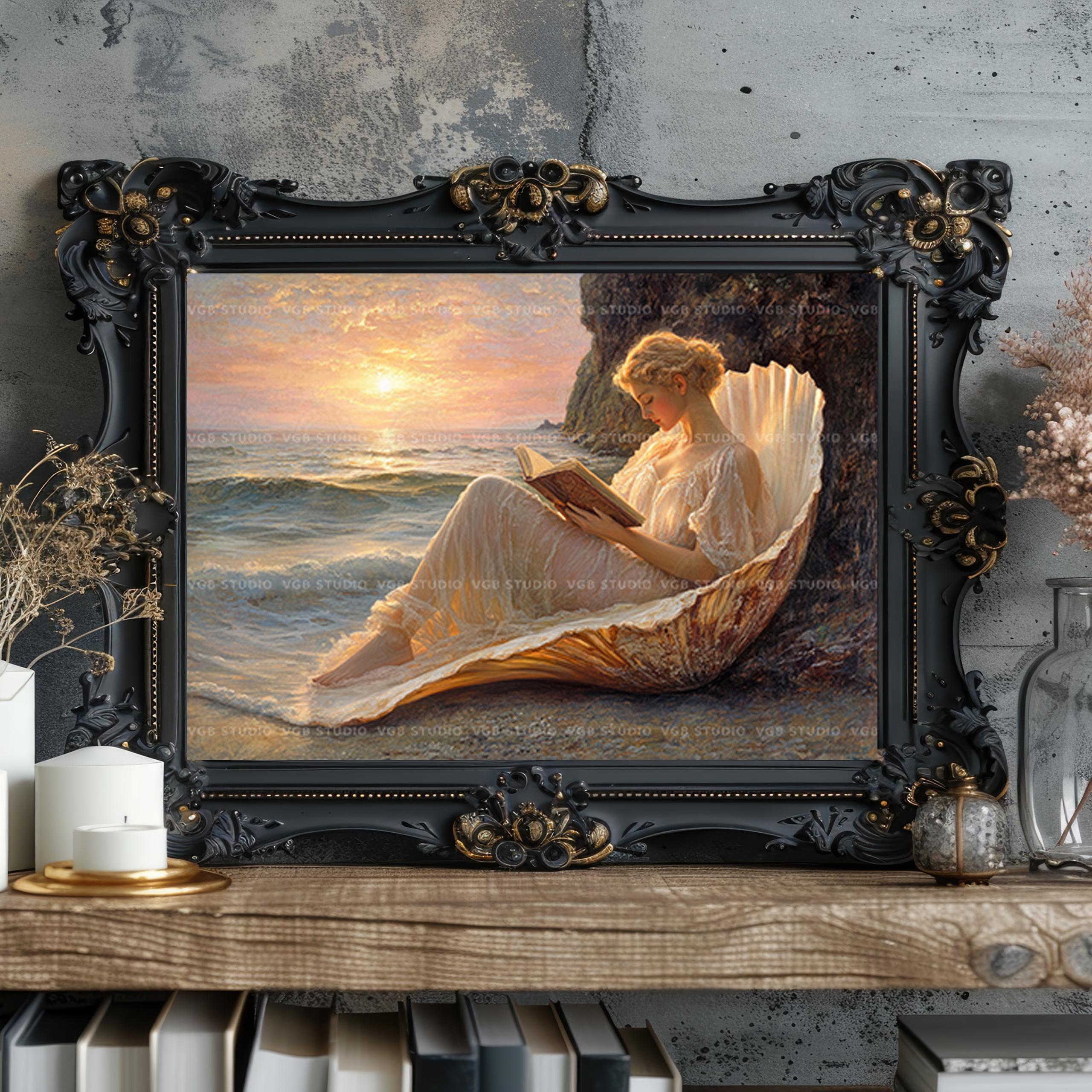 Aphrodite Reading Book Birth of Venus Myth Art, Sea Shore Greek Goddess ...