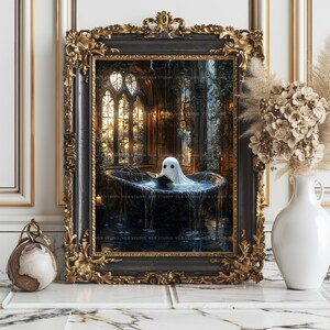 Cute Ghost Reading in Bathtub Print Gothic Bathroom Wall Art Spooky ...