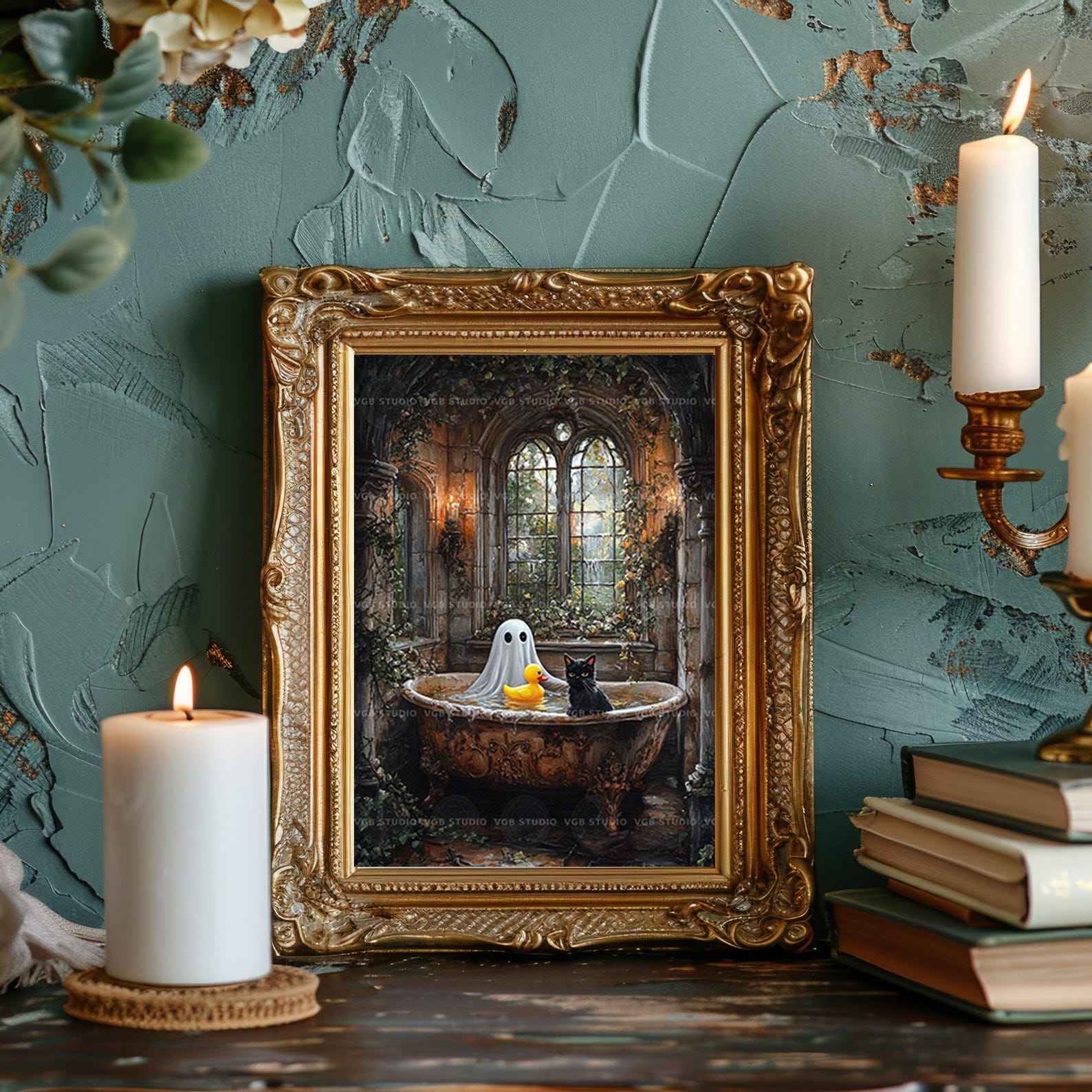 Ghost Gothic Bathtub Black Cat Rubber Duck Abandoned Castle Painting ...