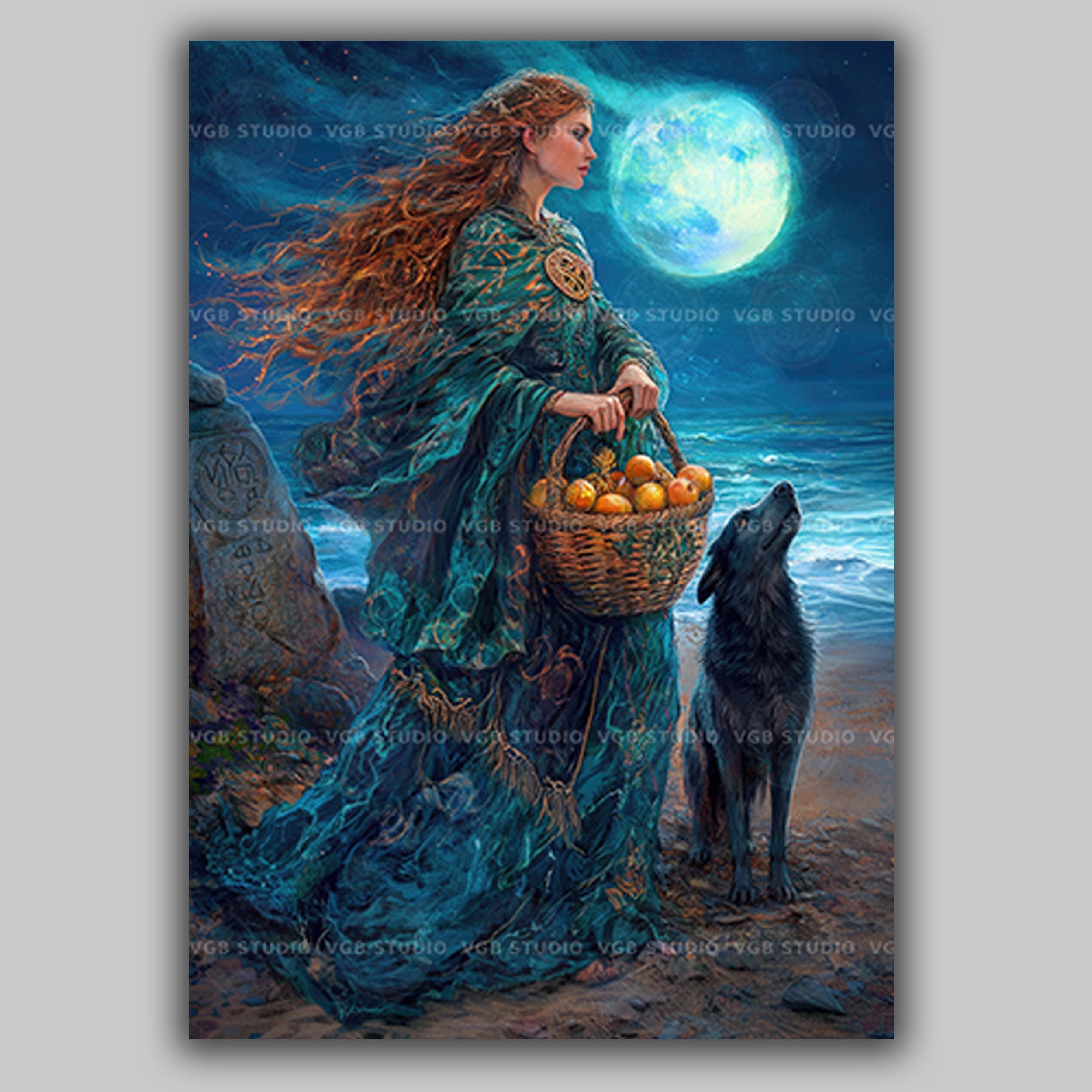 Nehalennia Celtic Sea Goddess With Dog, Mystical Moonlit Shore, Ancient ...