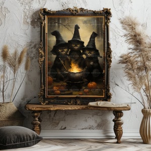 Witch Cats Art Print Black Cat Halloween Decor Pumpkin Cauldron Wall ...