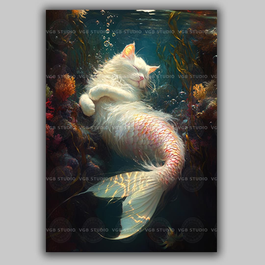 Mermaid Cat Art Print Fantasy Animal Wall Decor Whimsical Sea Creature ...
