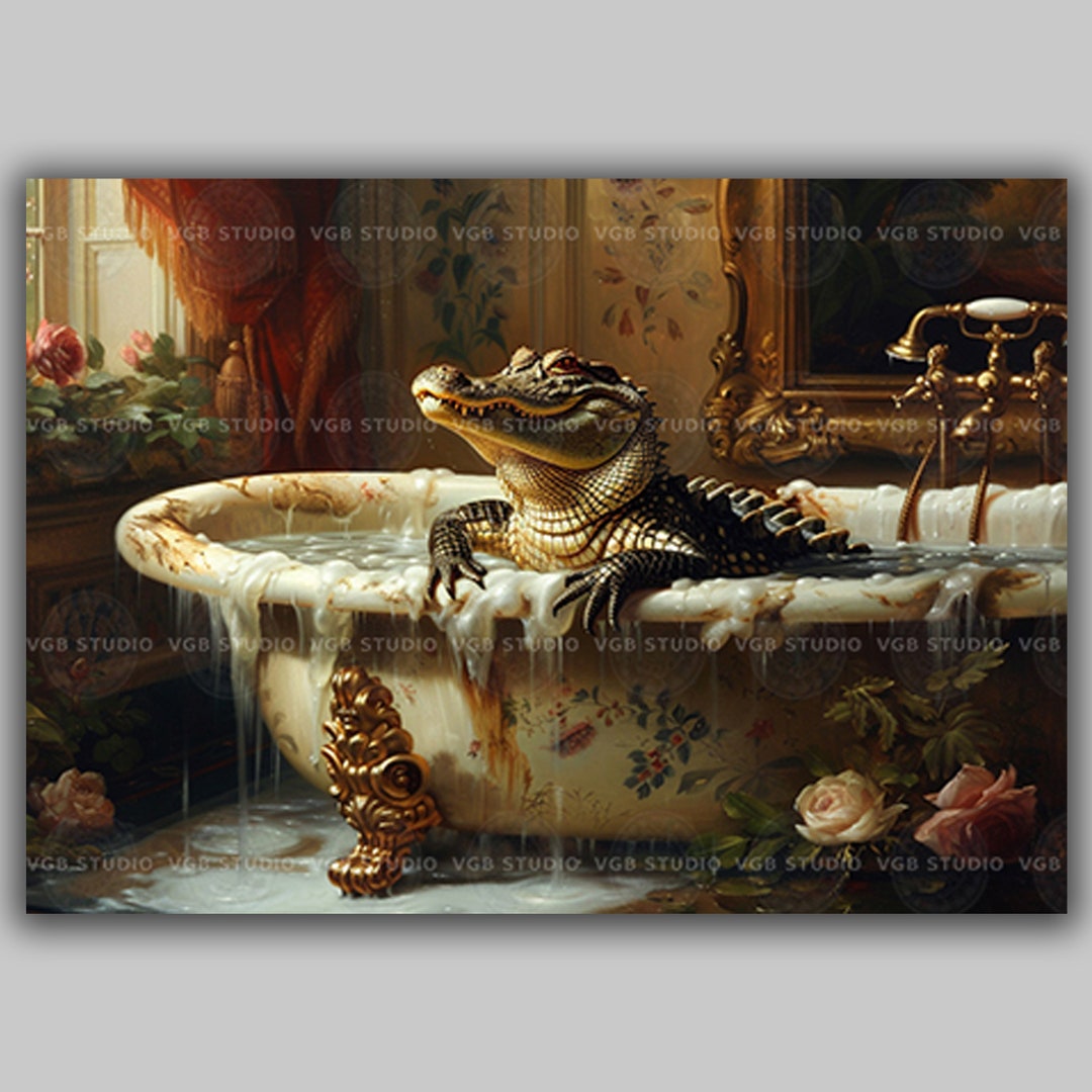 Alligator Taking a Bath in Victorian Bathtub, Crocodile Baroque Poster ...